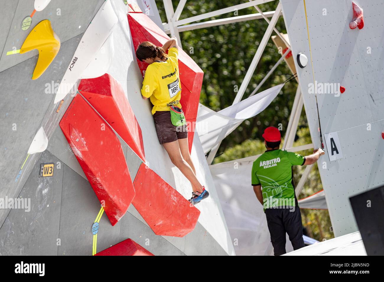 Climbing. Sport. Young person climbing in Block Climbing. Olympic ...