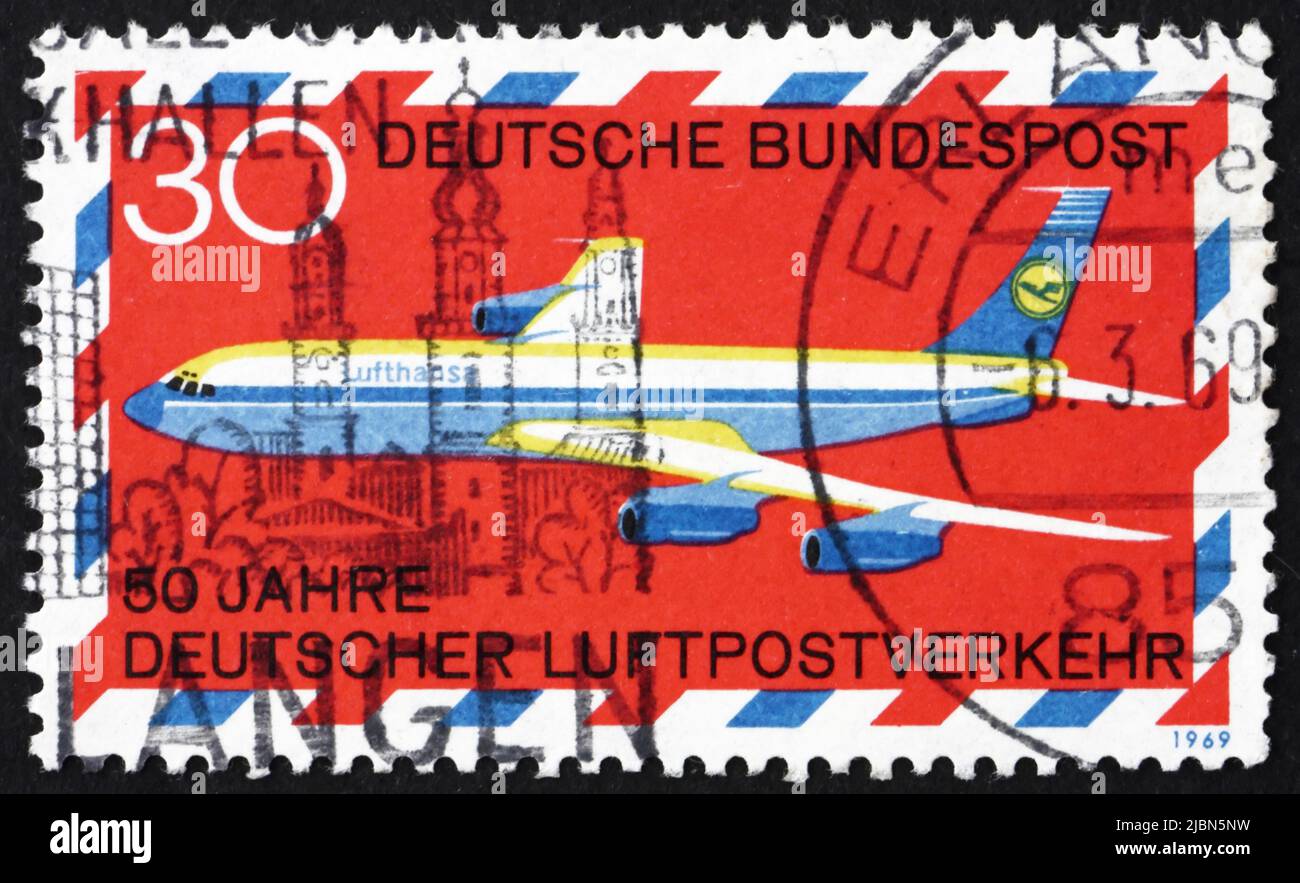 GERMANY - CIRCA 1969: a stamp printed in the Germany shows Boeing 707 ...