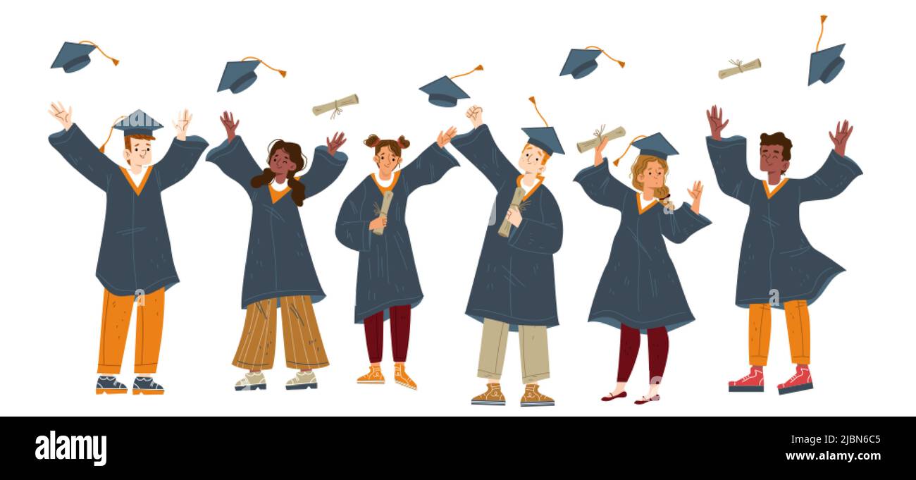 Happy graduates, college or university students throw up graduation ...