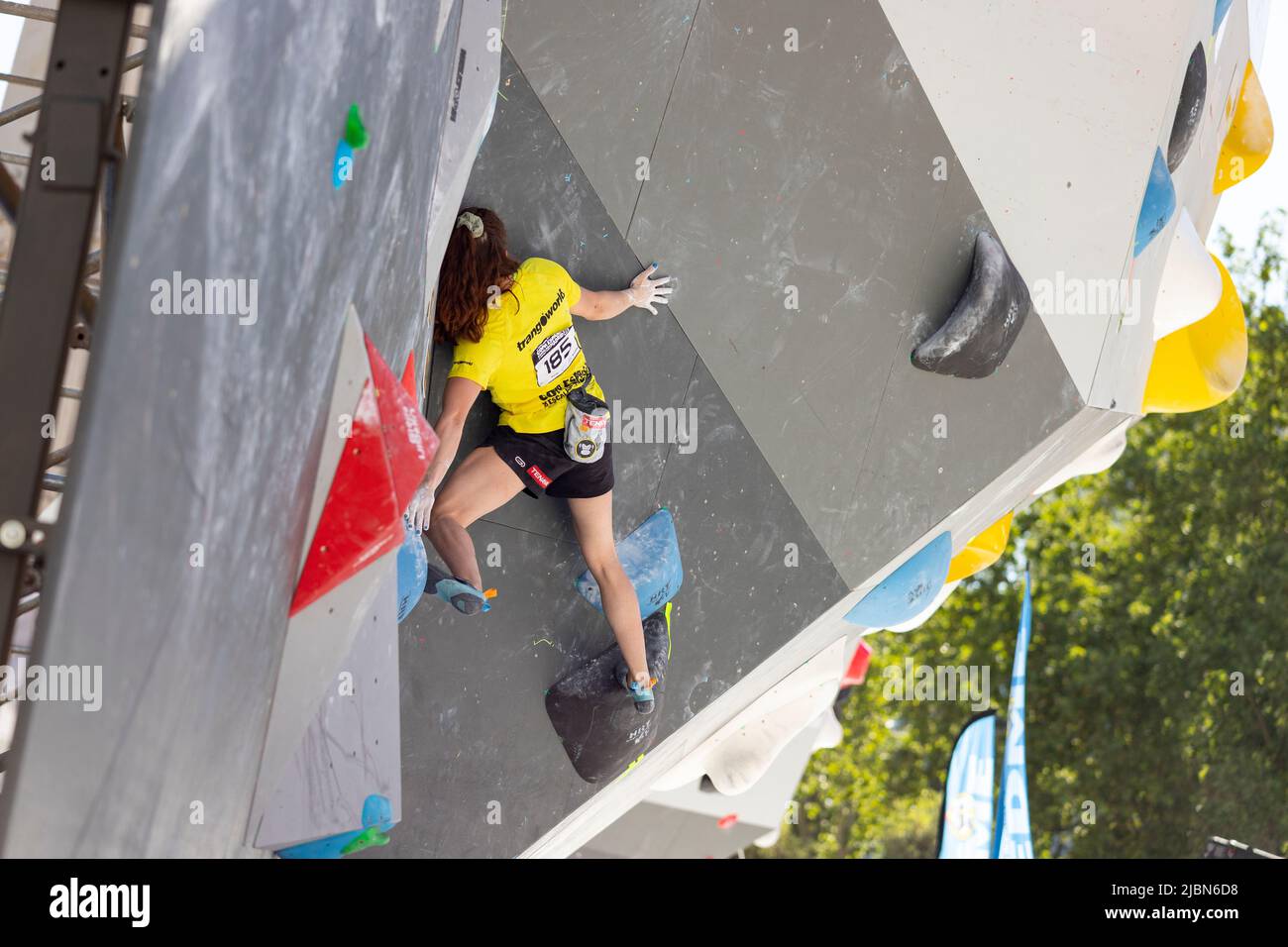 Climbing. Sport. Young person climbing in Block Climbing. Olympic ...
