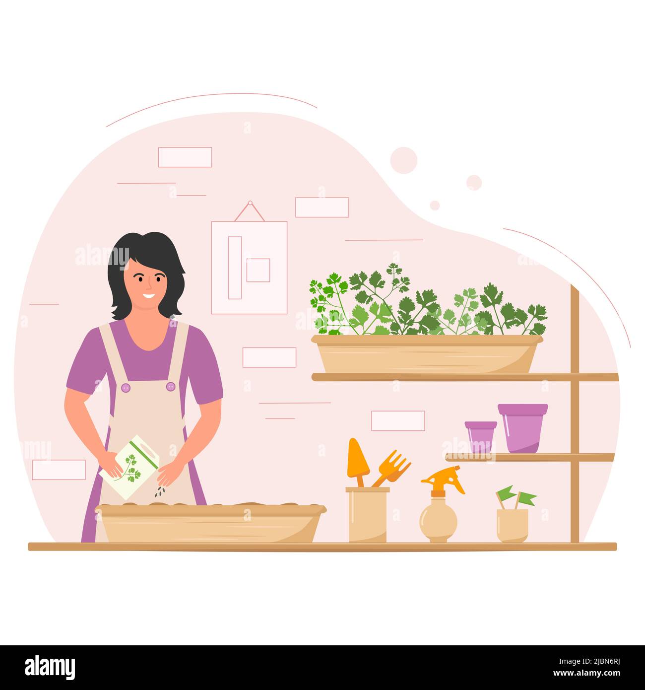 Vector illustration Woman sows seeds, grows plants in a pot. Home ...