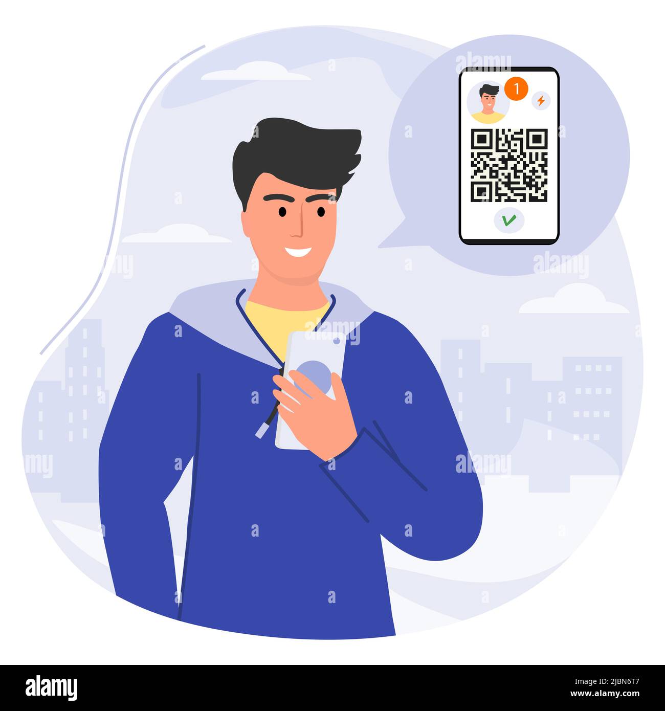 Vector illustration Man uses cell phone app to scan QR code. Barcode ...