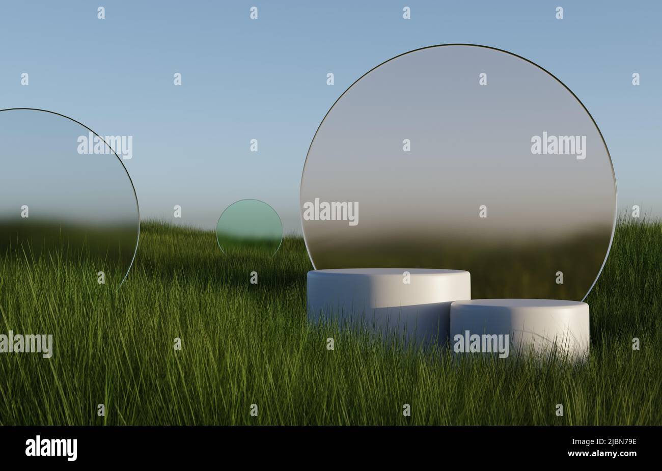 Product display podium on natural grass or weed field garden with ...