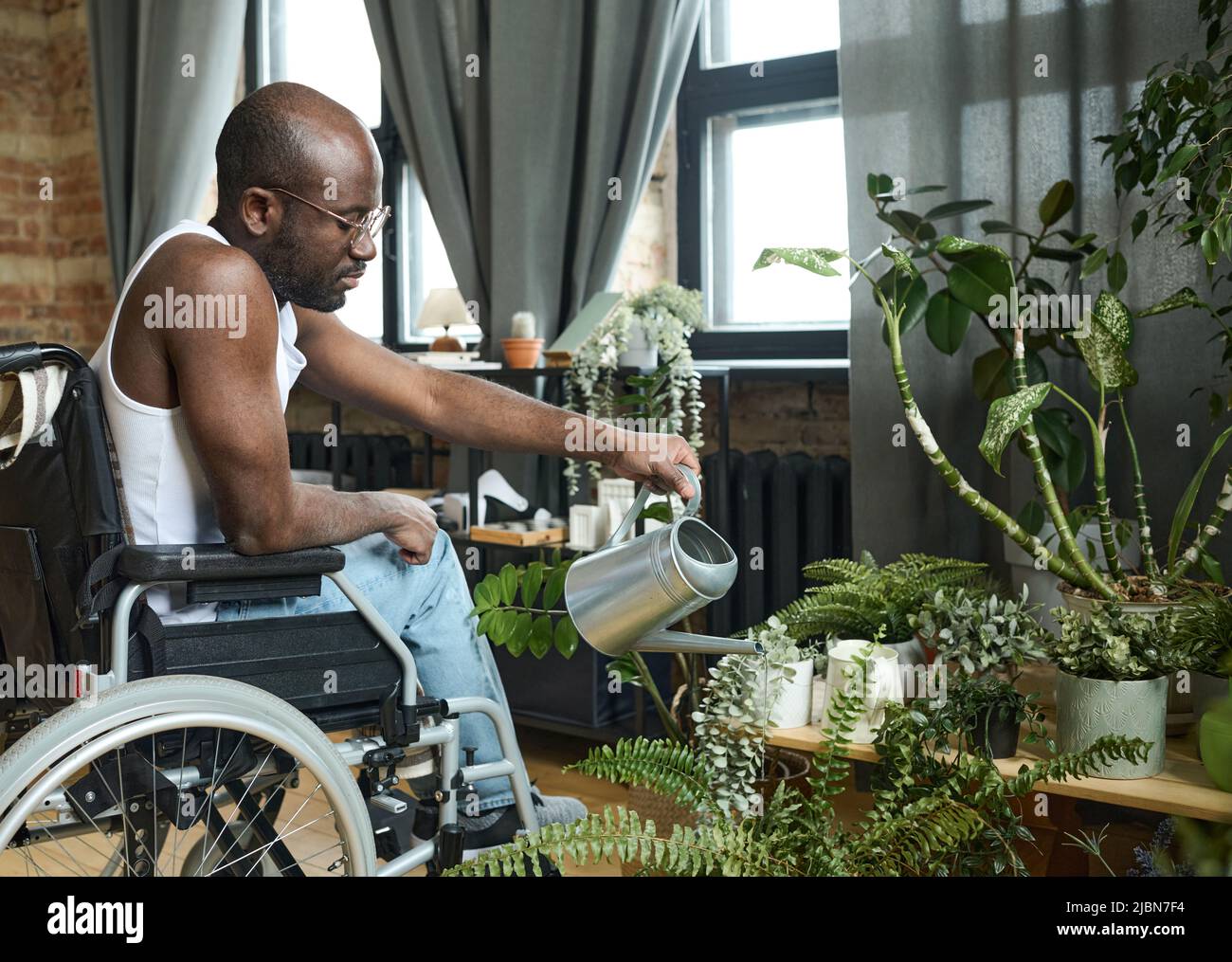 African man in wheelchair watering potted flowers with watering can ...