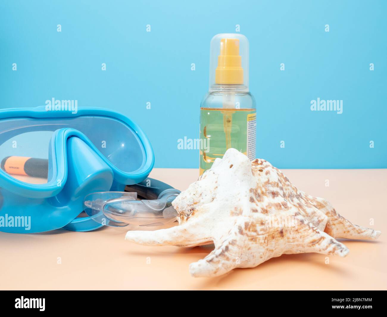 Diving mask, shell and sun protection. Seaside concept. Journey to the ...