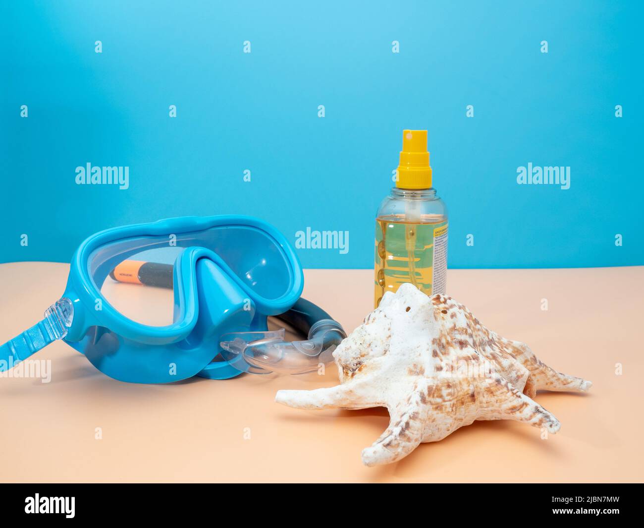 Diving mask, shell and sun protection. Seaside concept. Journey to the ...