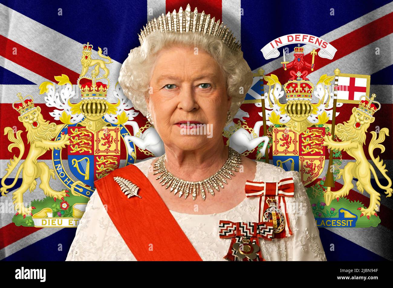 Queen Elizabeth II, coat of arms and flag of the United Kingdom Stock ...