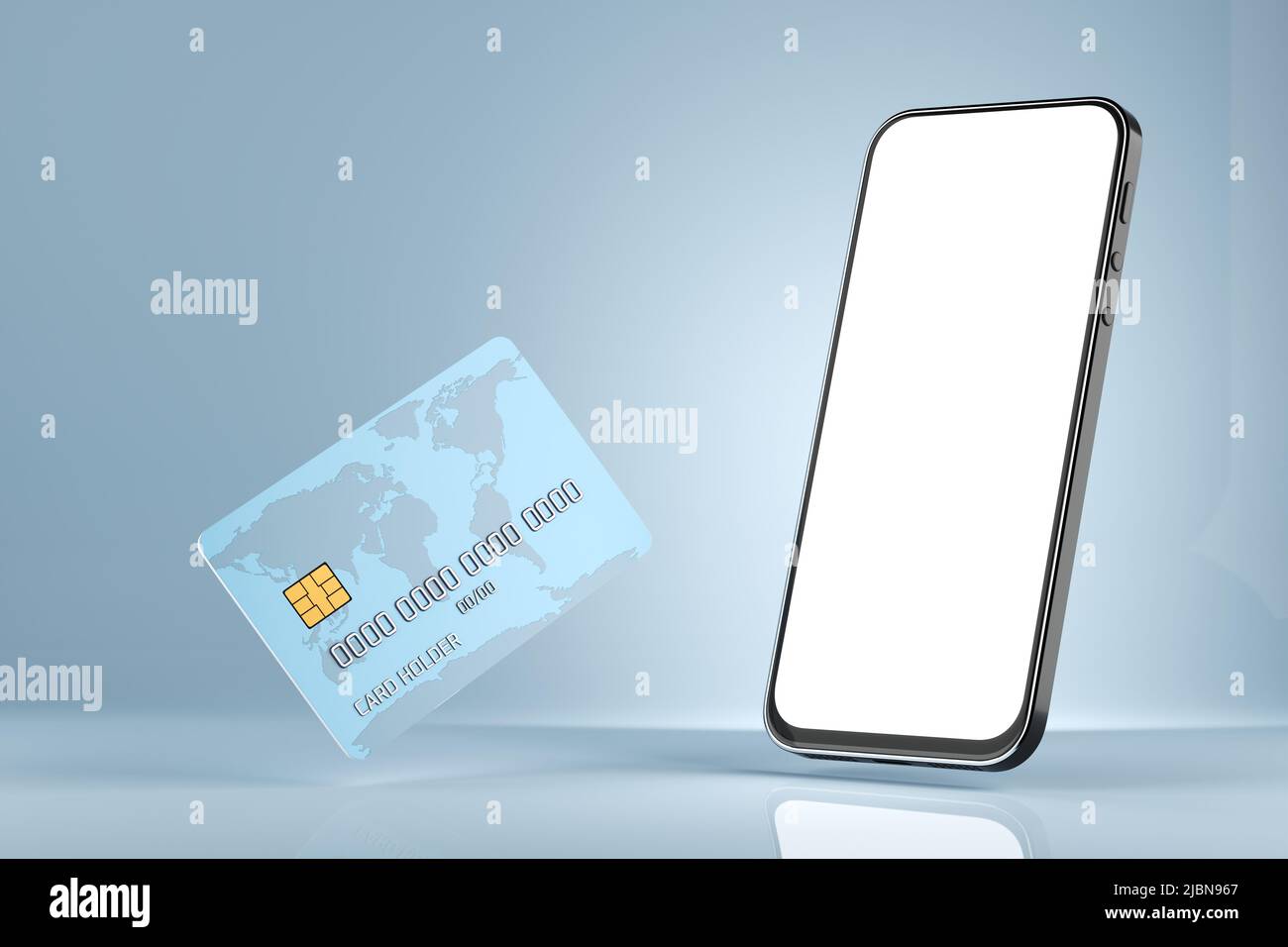 Mobile payment concept. Mockup of a bank card with a chip and a ...