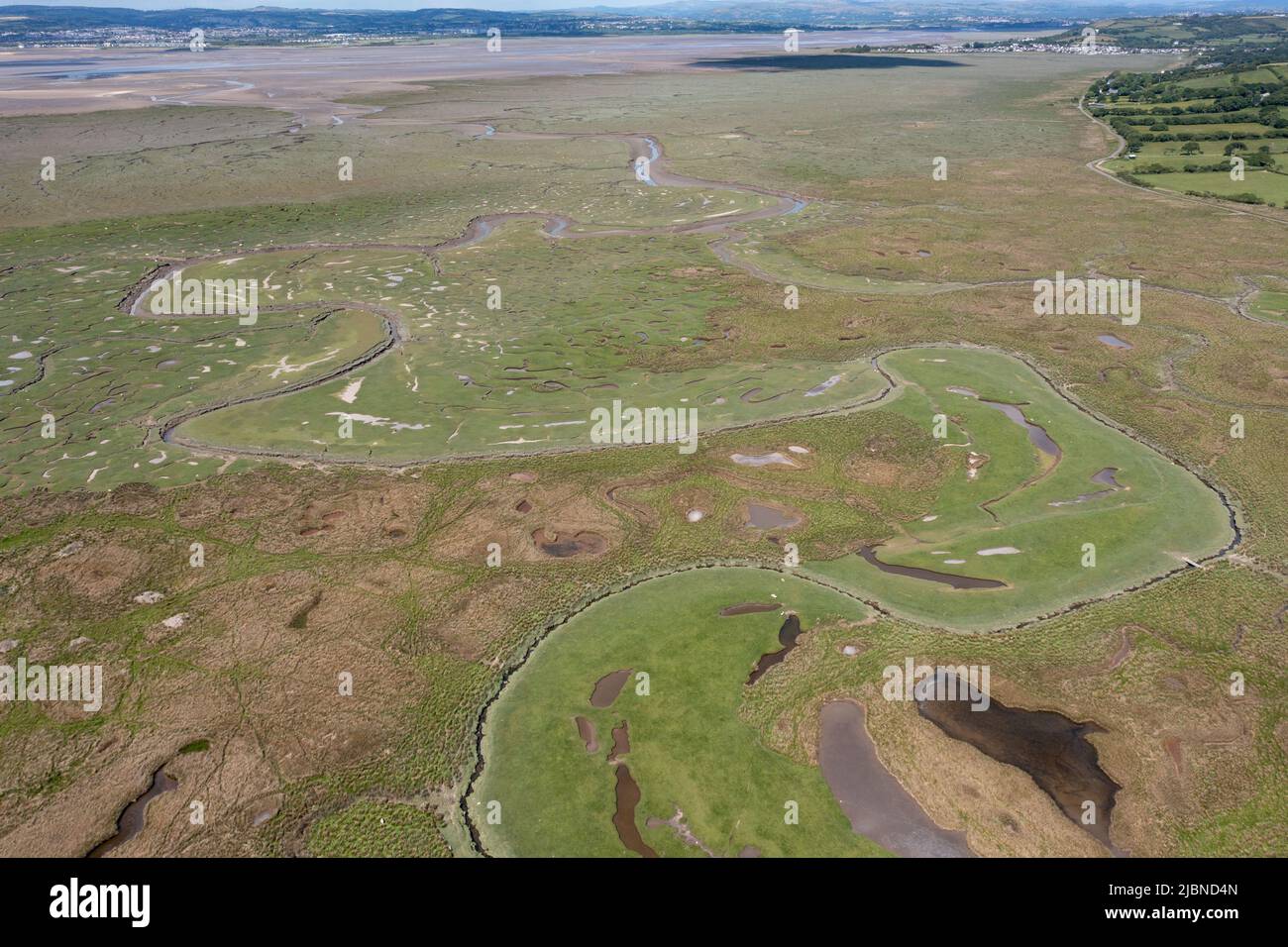Aerial view of Llanrhidian saltmarsh, Burry Inlet, South Wales, UK ...