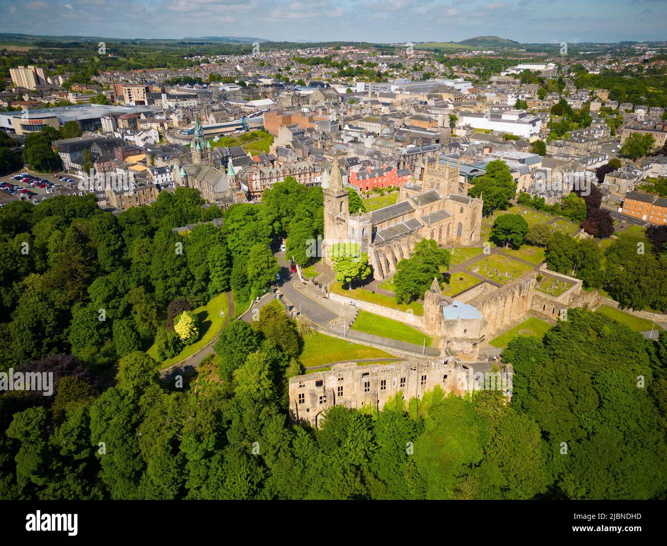 Aerial view from drone of Dunfermline Abbey and Palace ruins in ...