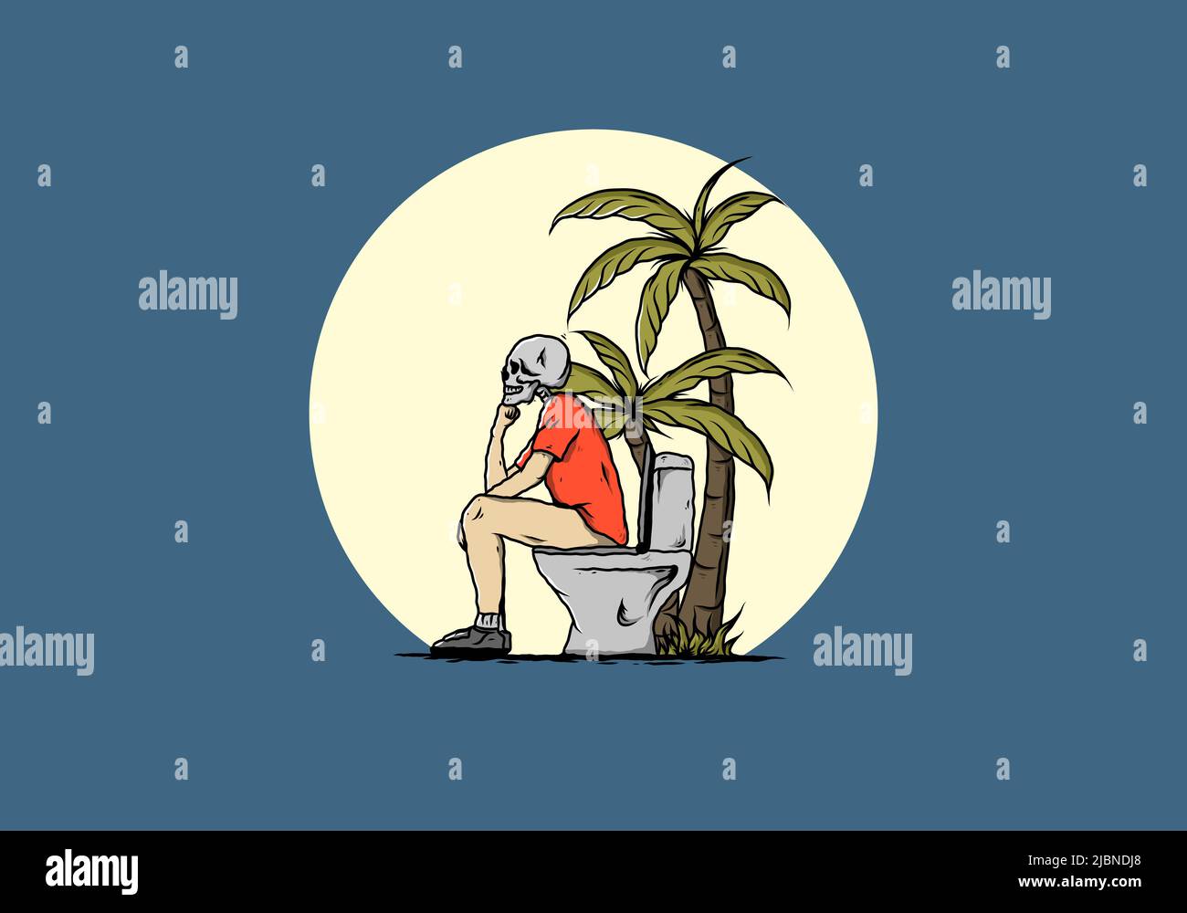 Skeleton man sit on outdoor toilet illustration drawing design Stock ...