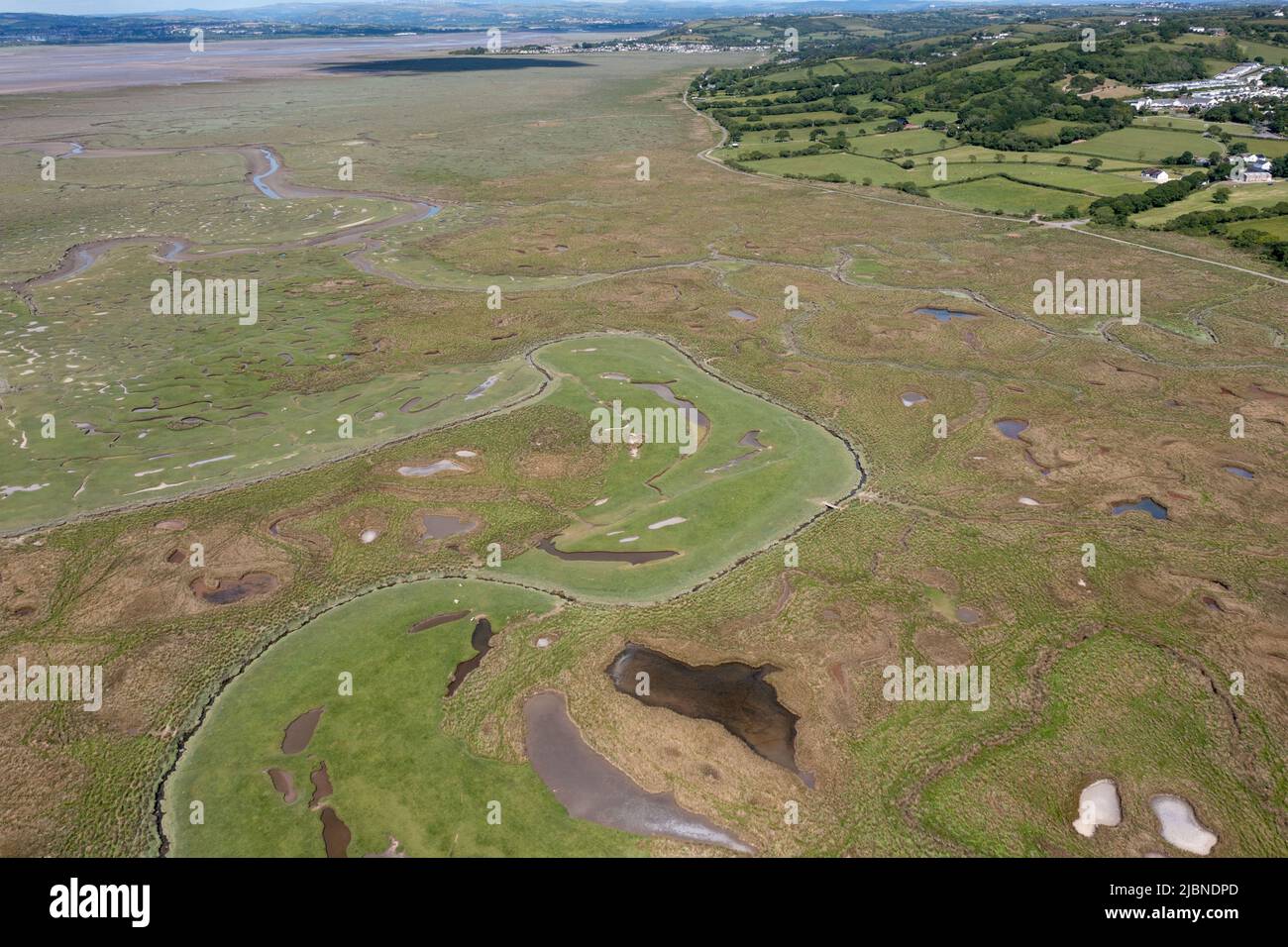 Aerial view of Llanrhidian saltmarsh, Burry Inlet, South Wales, UK ...