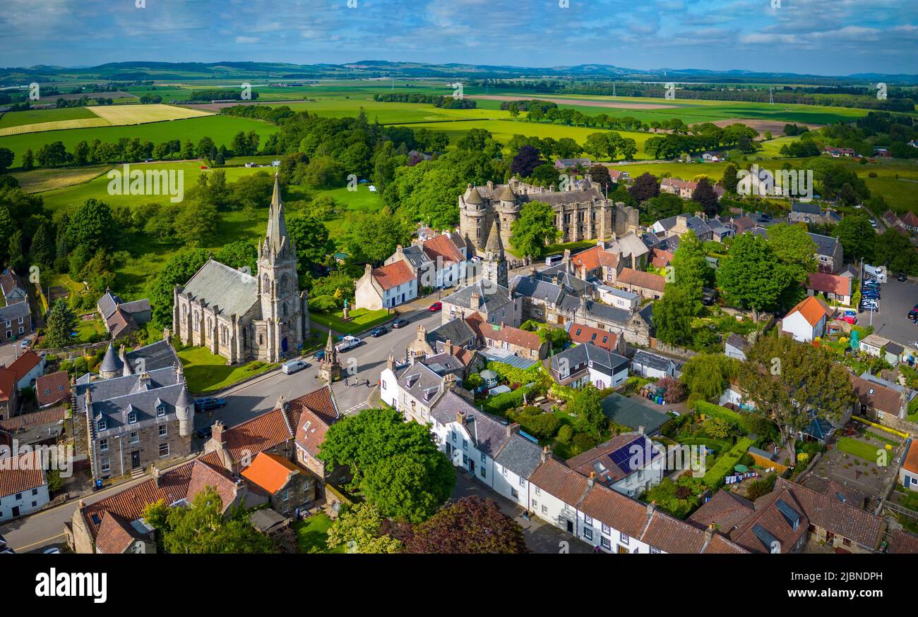Aerial view from drone of historic village of Falkland in Fife ...