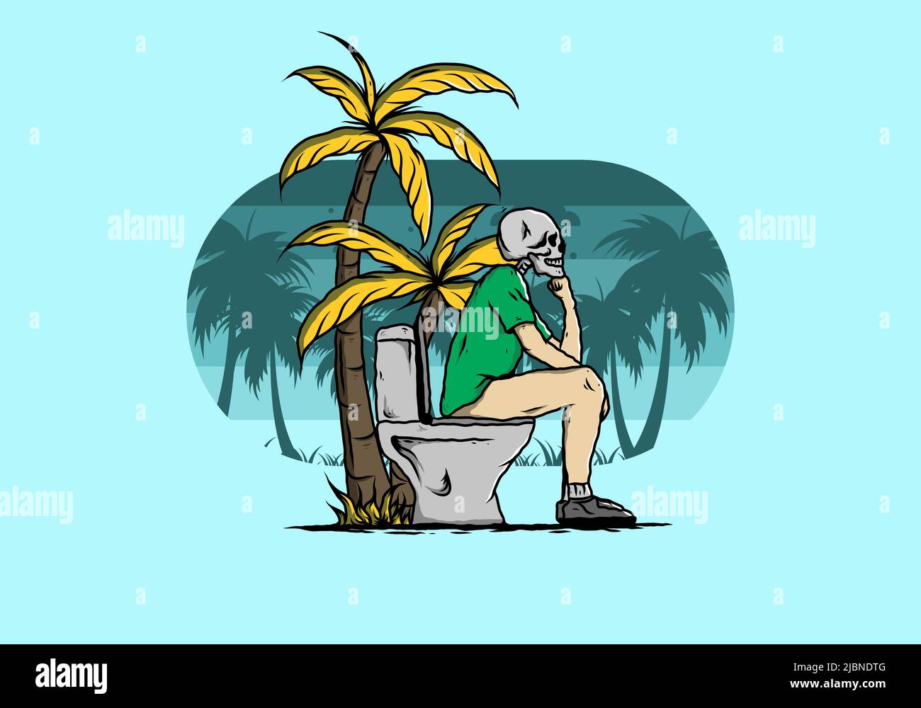 Skeleton man sit on outdoor toilet illustration drawing design Stock ...