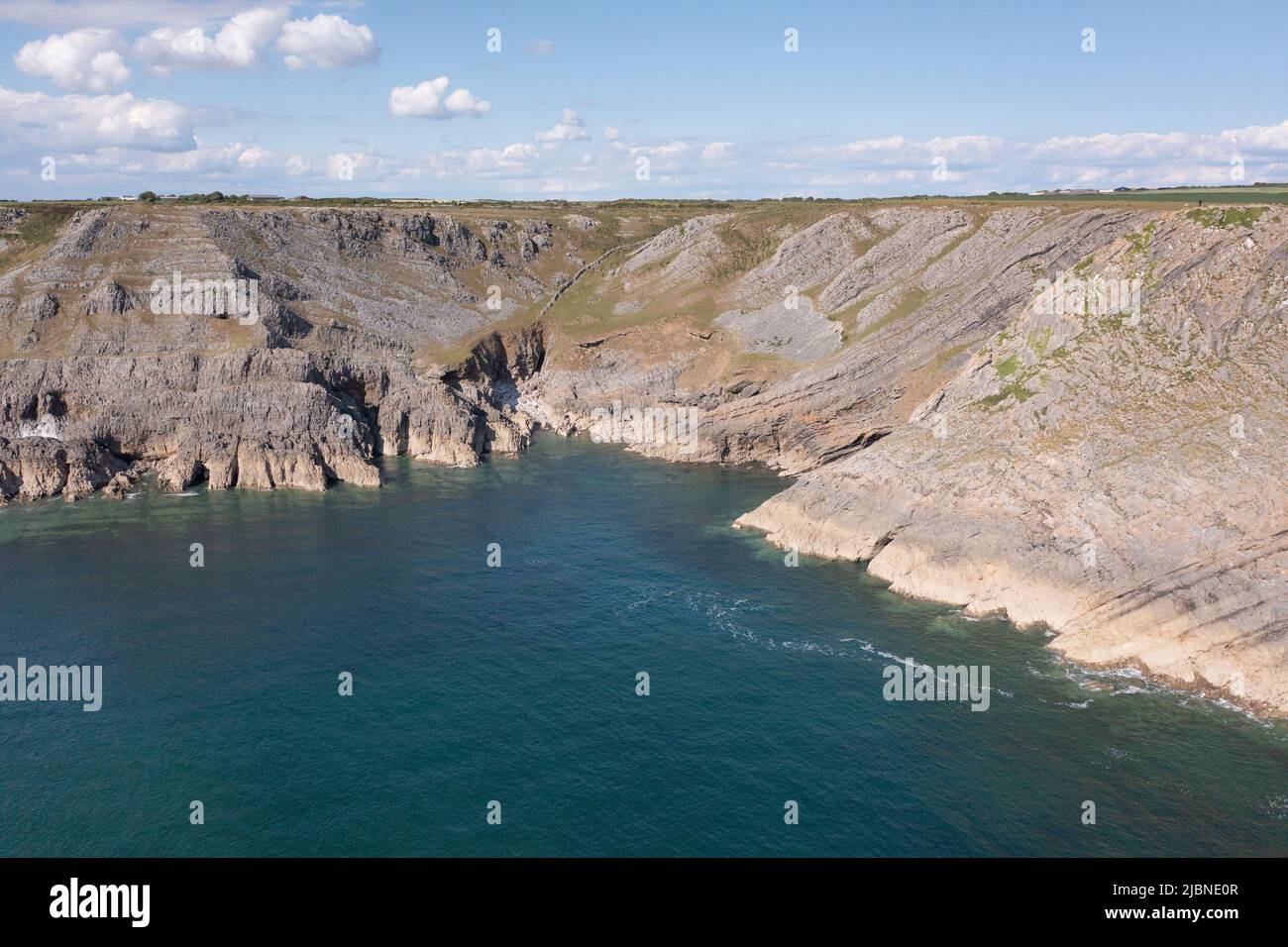Aerial view of Deborah's Hole, South Gower cliffs, Wales, UK Stock ...