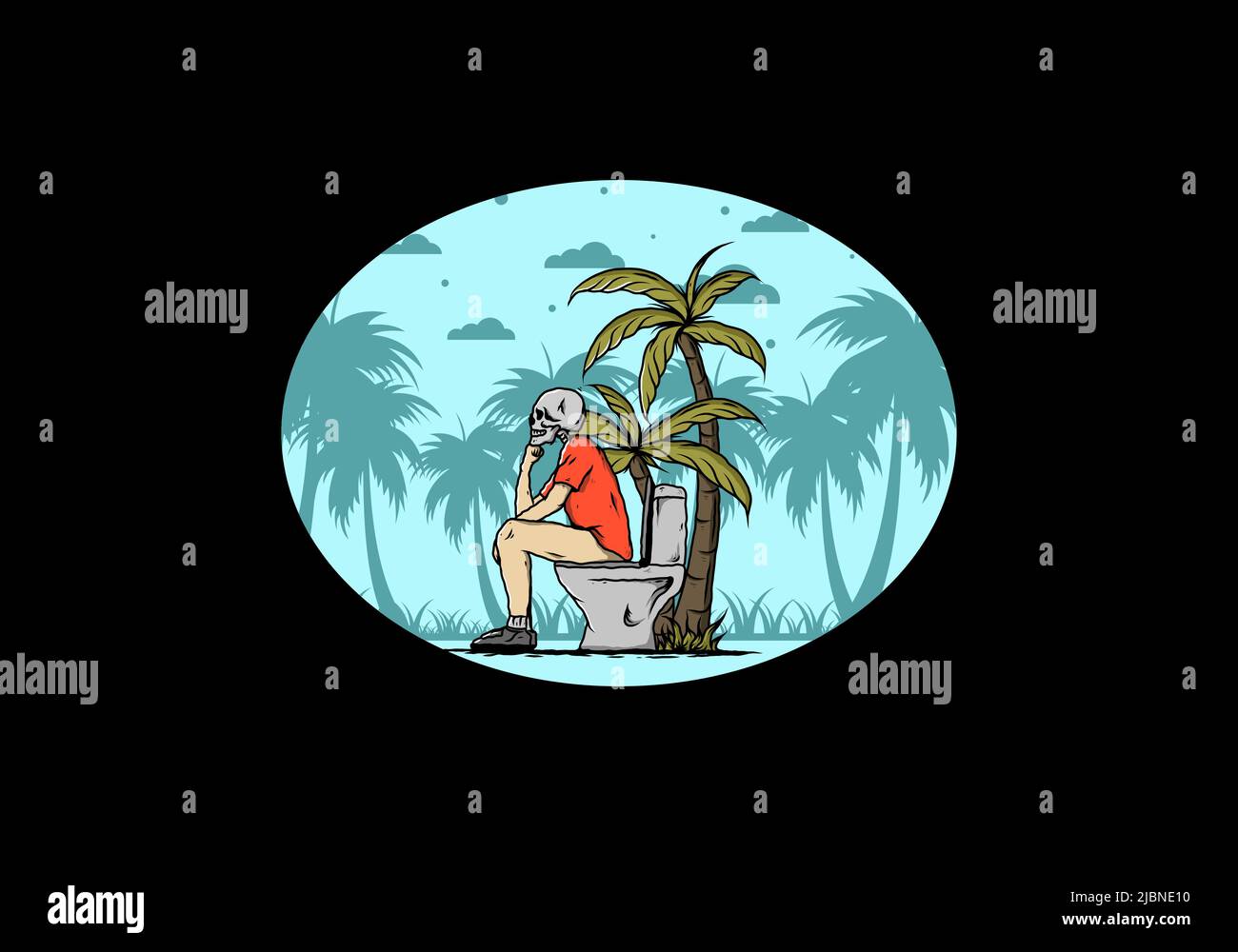 Skeleton man sit on outdoor toilet illustration drawing design Stock ...