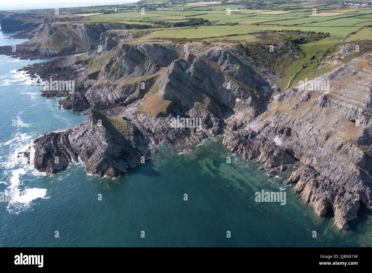 Aerial view of Deborah's Hole, South Gower cliffs, Wales, UK Stock ...