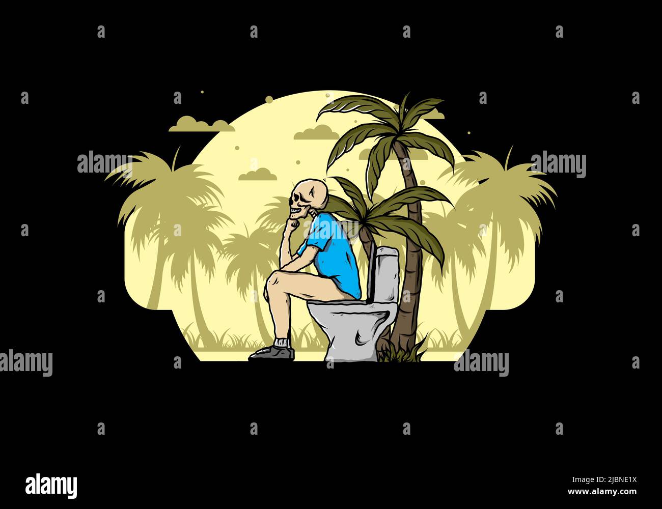 Skeleton man sit on outdoor toilet illustration drawing design Stock ...