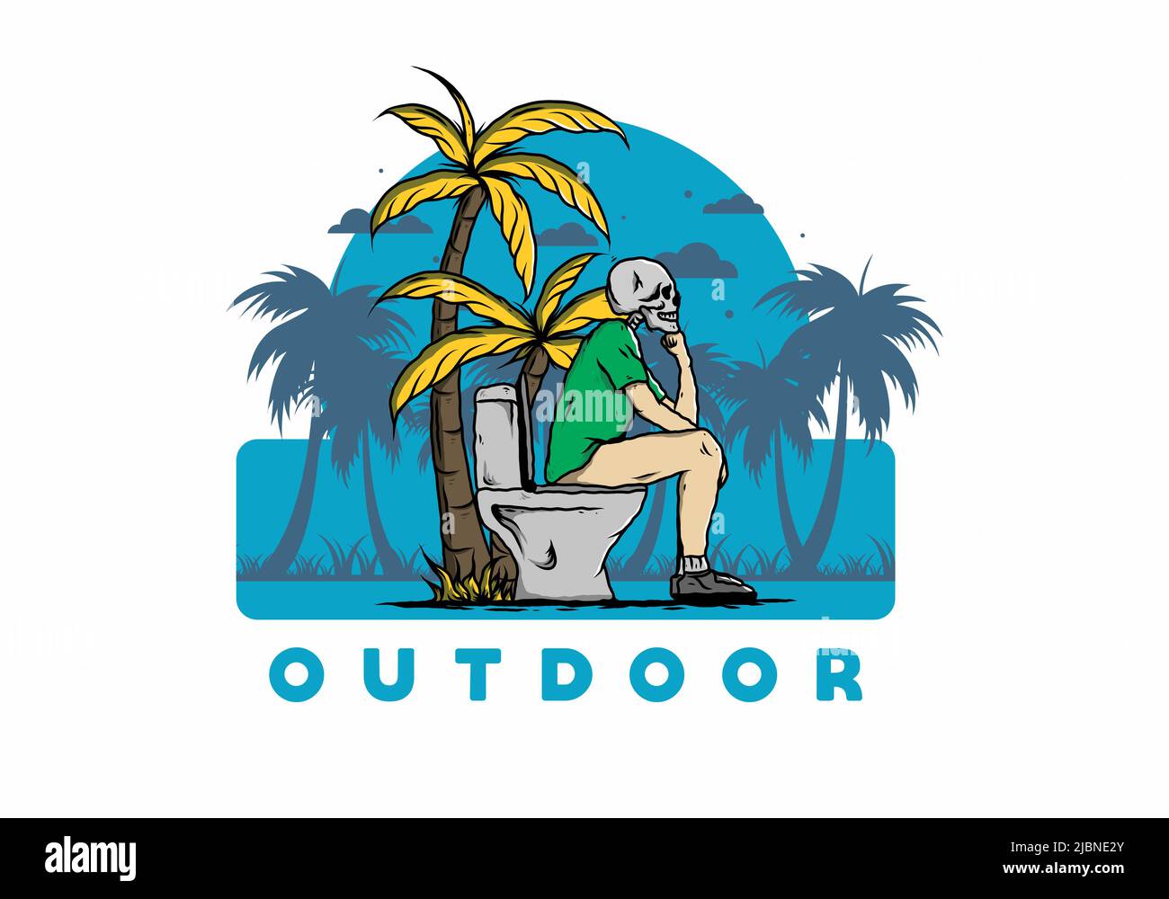Skeleton man sit on outdoor toilet illustration drawing design Stock ...