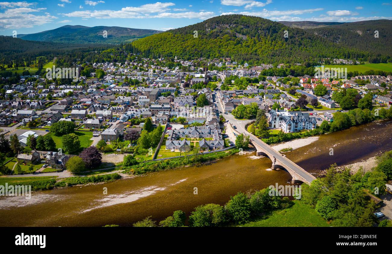 Aerial view from drone of village of Ballater on Deeside in ...