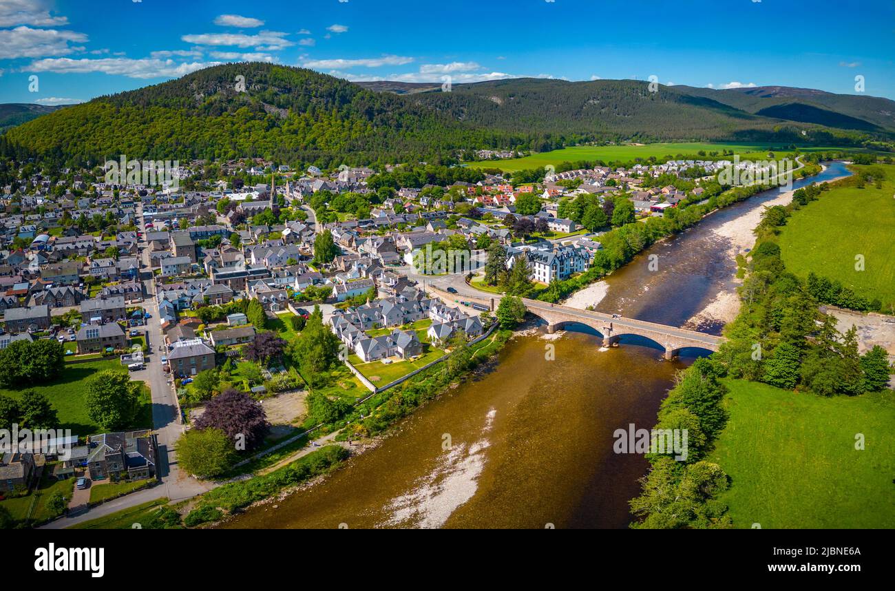 Aerial view from drone of village of Ballater on Deeside in ...