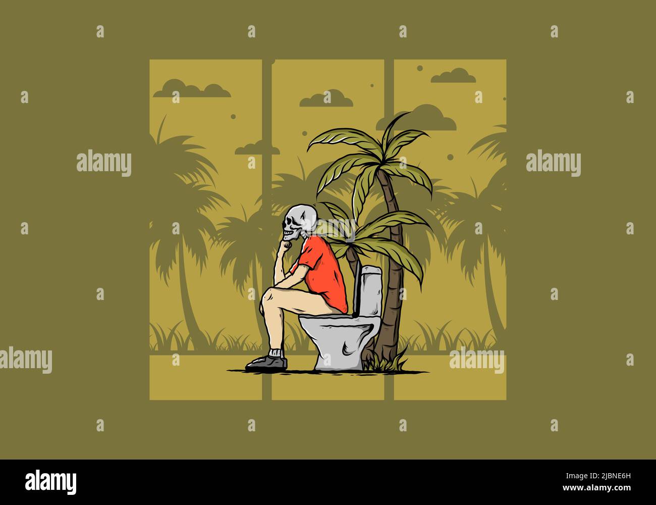 Skeleton man sit on outdoor toilet illustration drawing design Stock ...