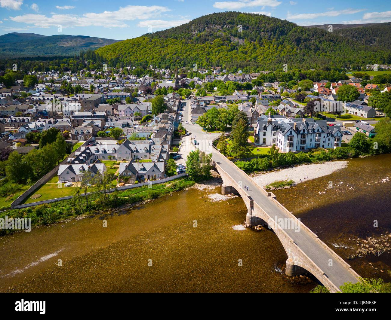 Aerial view from drone of village of Ballater on Deeside in ...