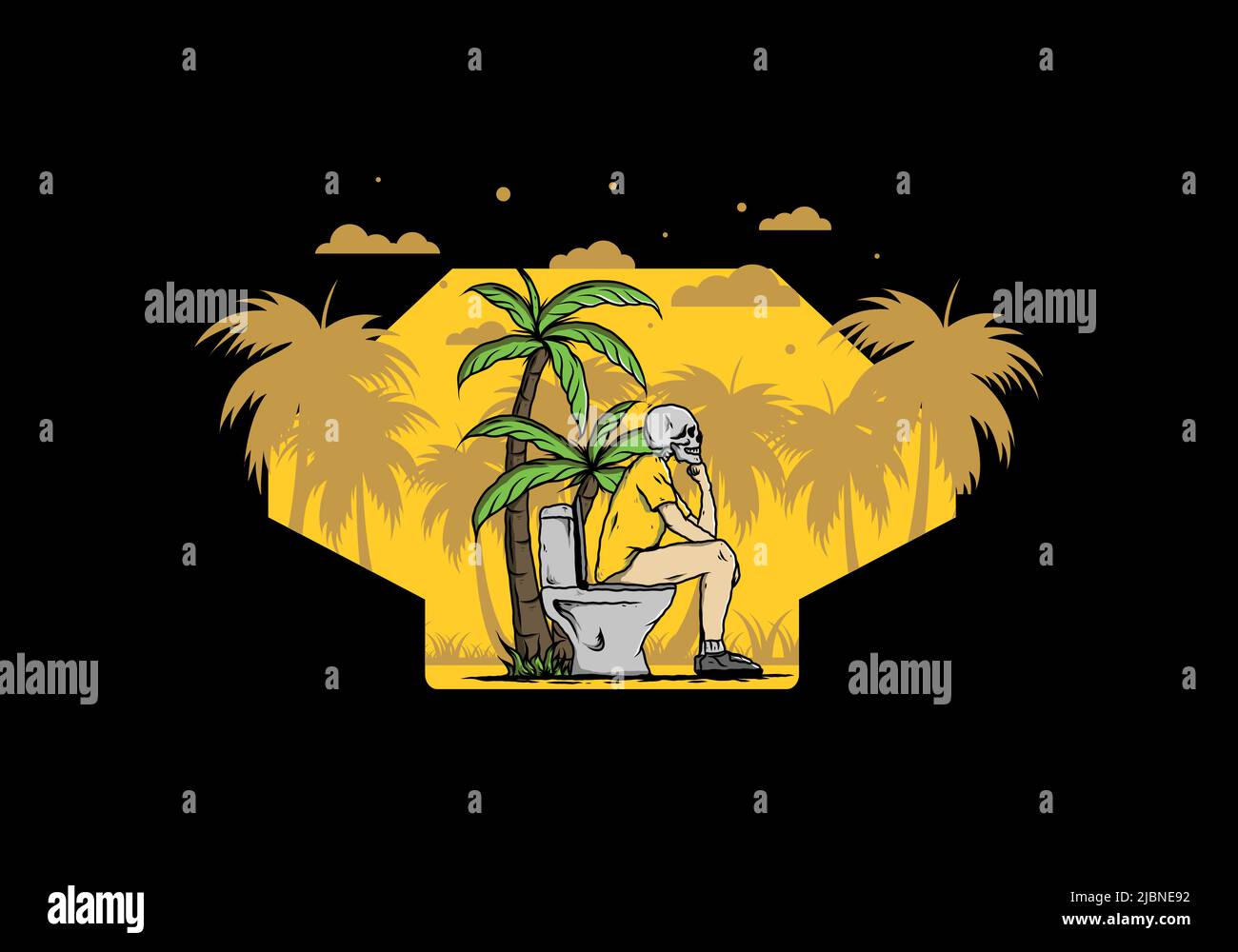 Skeleton man sit on outdoor toilet illustration drawing design Stock ...