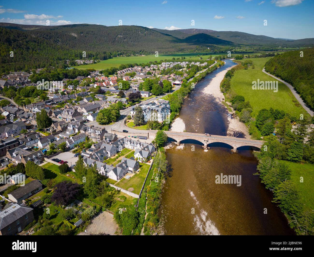 Aerial view from drone of village of Ballater on Deeside in ...