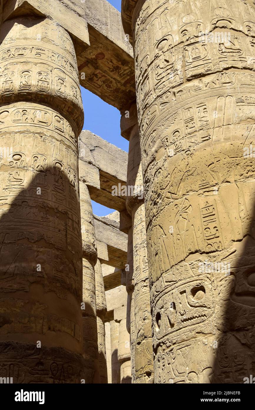 High columns of historical complex of Karnak temple with carved ancient ...