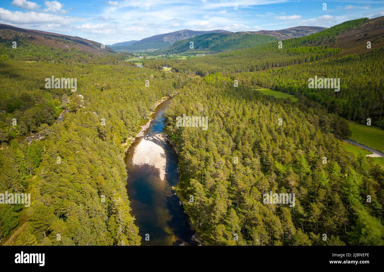 Aerial view of River Dee at Linn of Dee in Dee Valley, Braemar ...