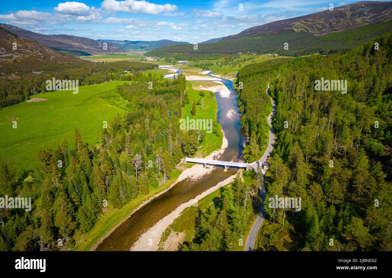 Aerial view of River Dee in Dee Valley, Braemar, Aberdeenshire ...