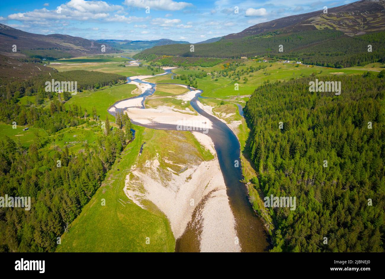 Aerial view of River Dee in Dee Valley, Braemar, Aberdeenshire ...
