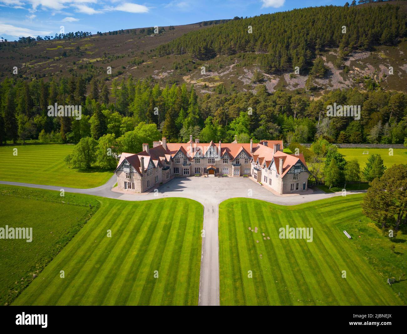 Aerial view of Marr Lodge in Dee Valley near Braemar, Aberdeenshire ...