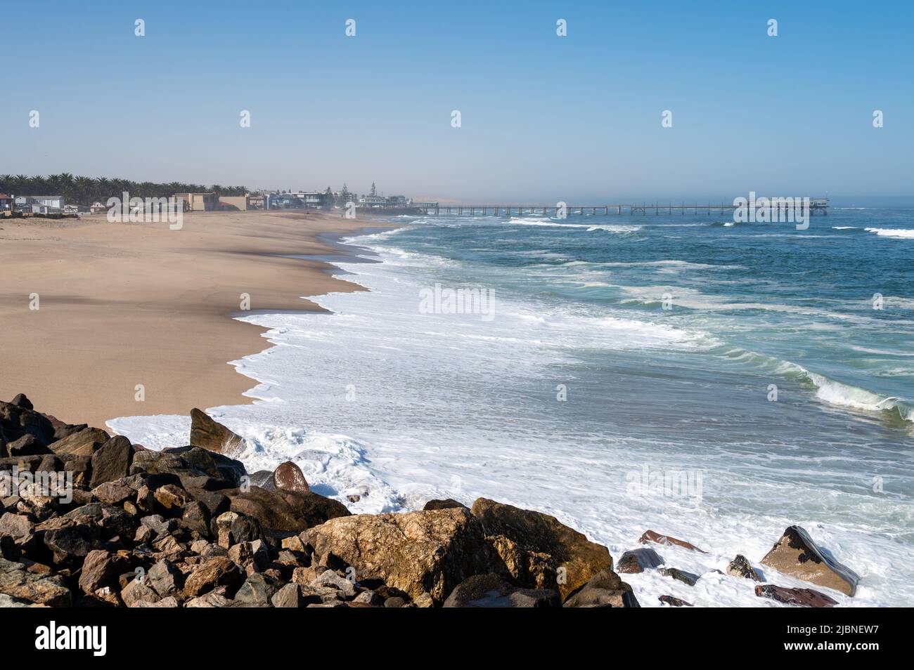 Panorama of the beach and jetty pier of Swakopmund Stock Photo - Alamy