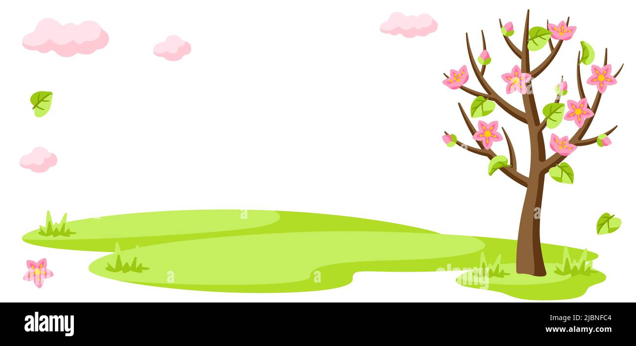 Spring tree with flowers and leaves. Seasonal nature illustration Stock ...