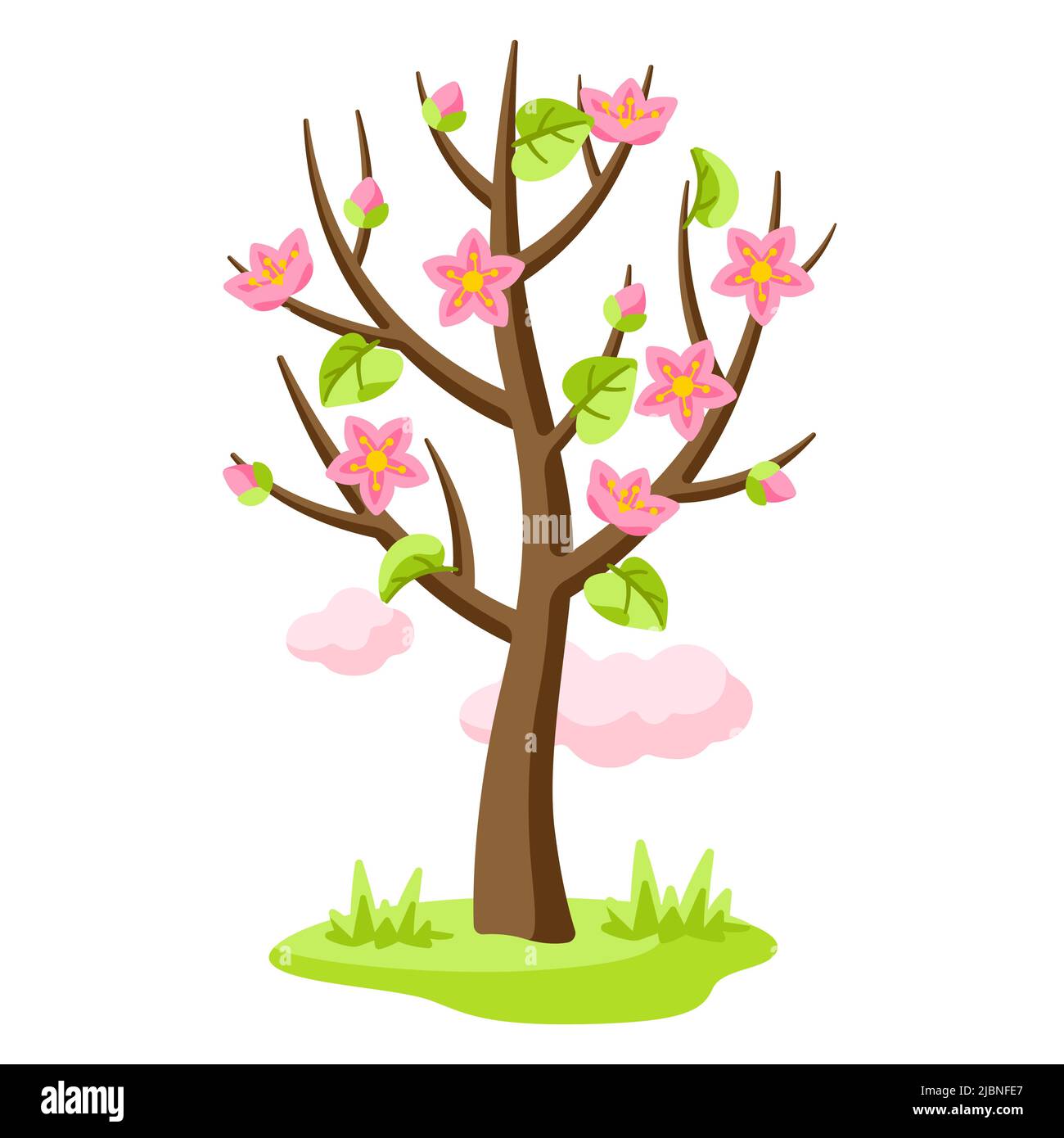 Spring tree with flowers and leaves. Seasonal nature illustration Stock ...