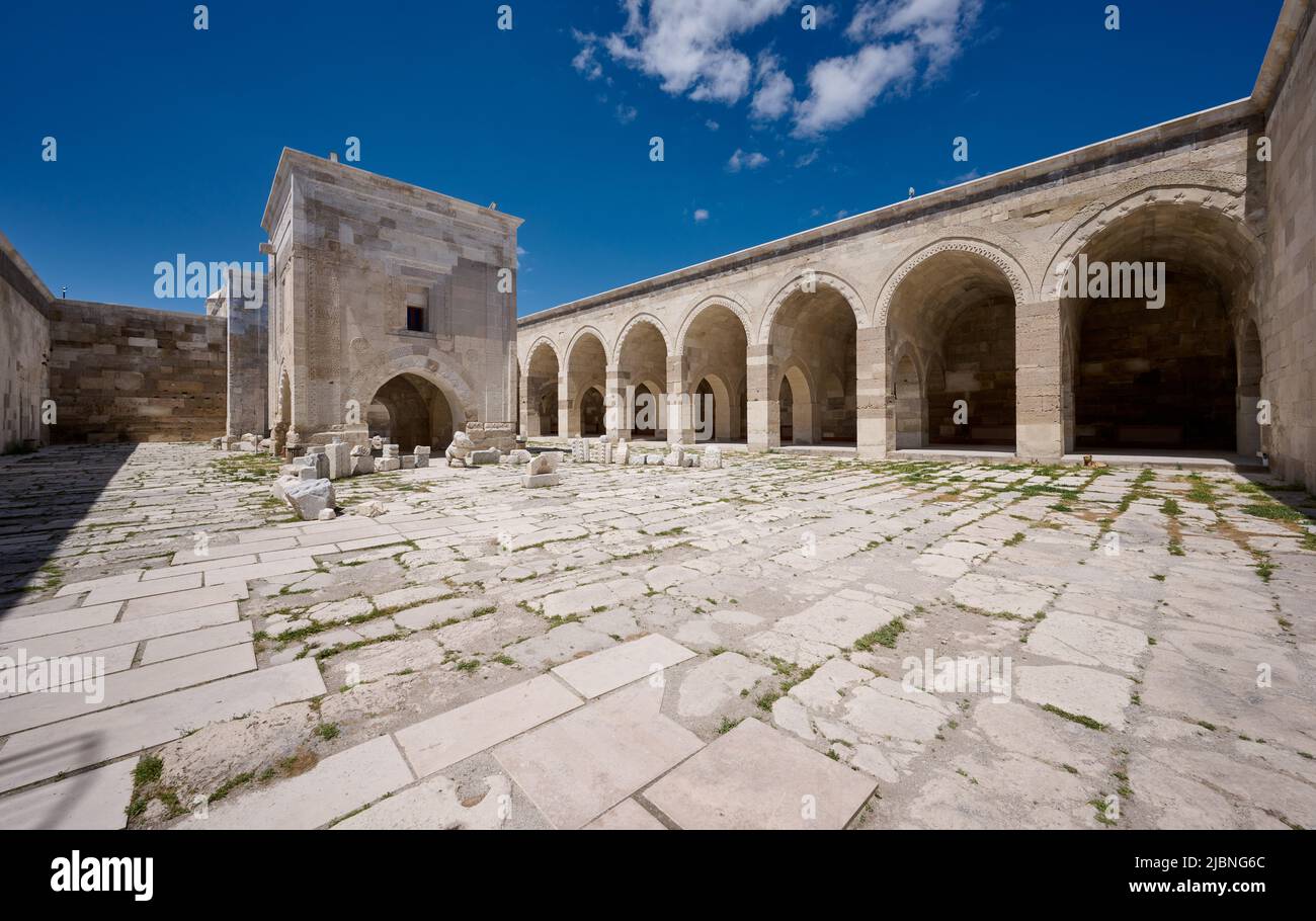 inner courtyard with mosque of Sultan Han, traditional caravanserai ...