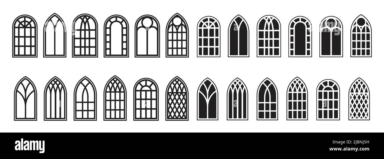 Gothic windows outline set. Silhouette of vintage stained glass church ...