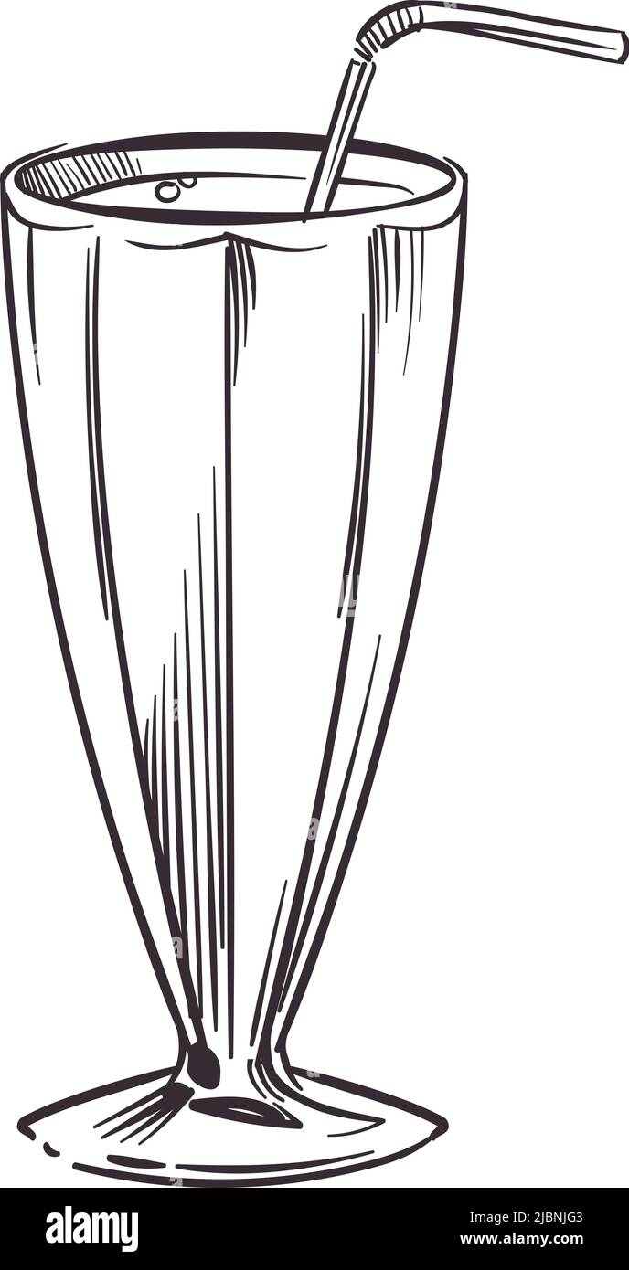 Milkshake glass sketch. Hand drawn sweet drink with straw Stock Vector ...