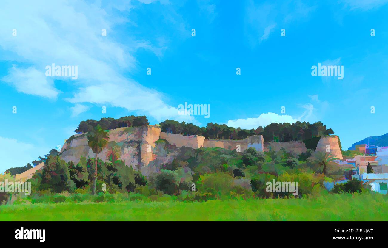 Denia Castle Alicante Spain illustration of historic fortification with ...