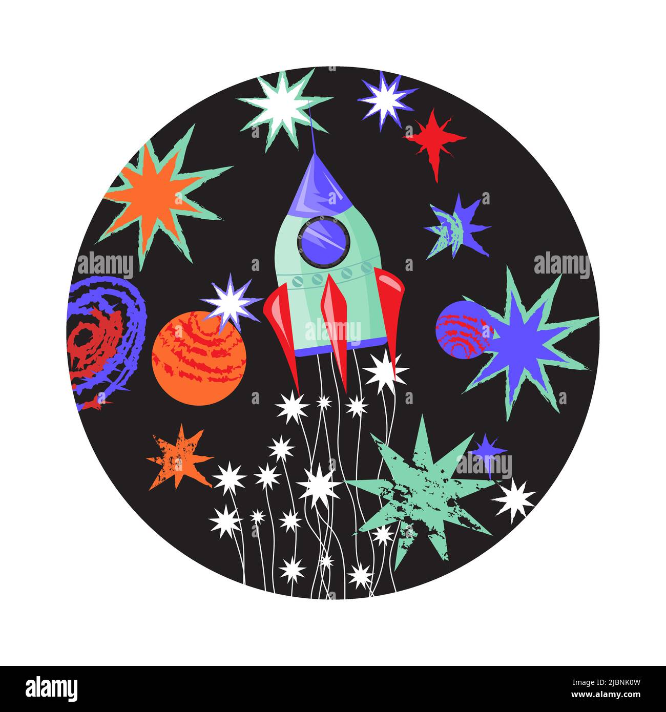 Decorative circle banner or badge with space rocket or spaceship among ...