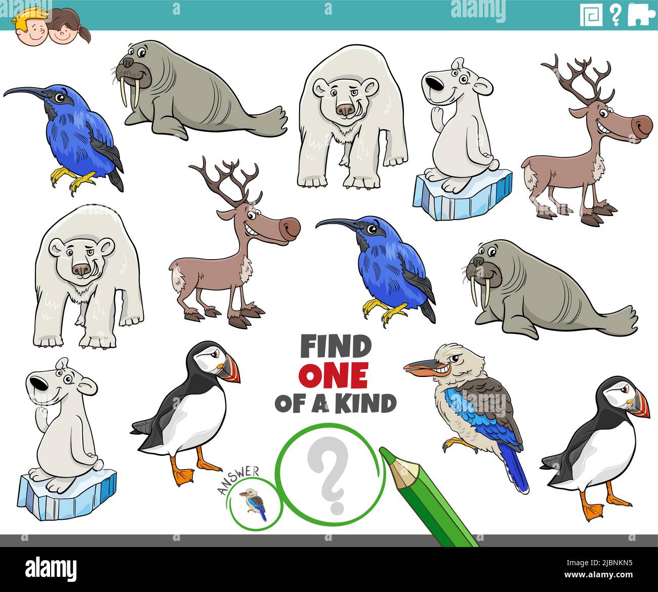 Cartoon illustration of find one of a kind picture educational game ...