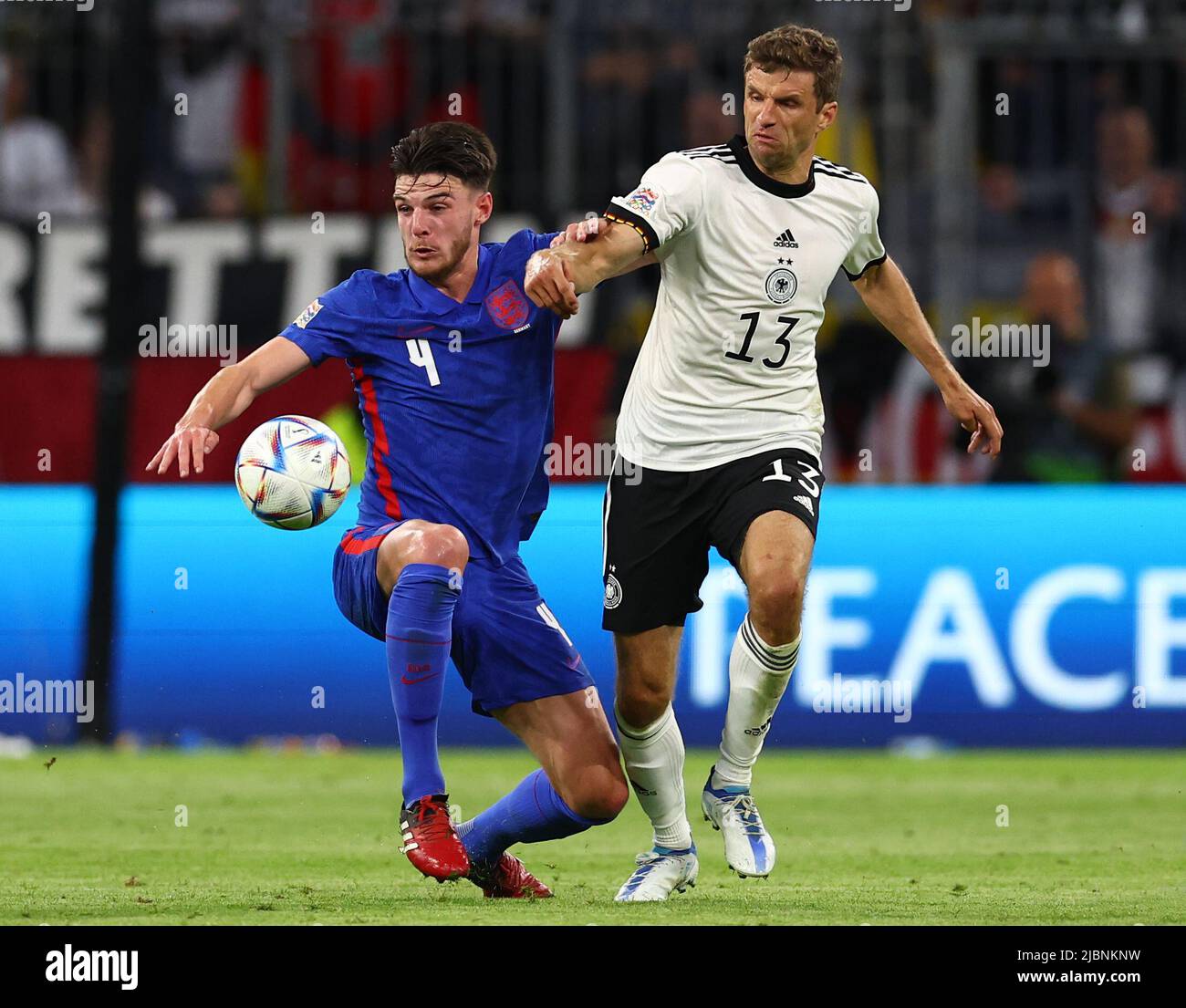 Munich, Germany, 7th June 2022. Declan Rice of England challenges ...