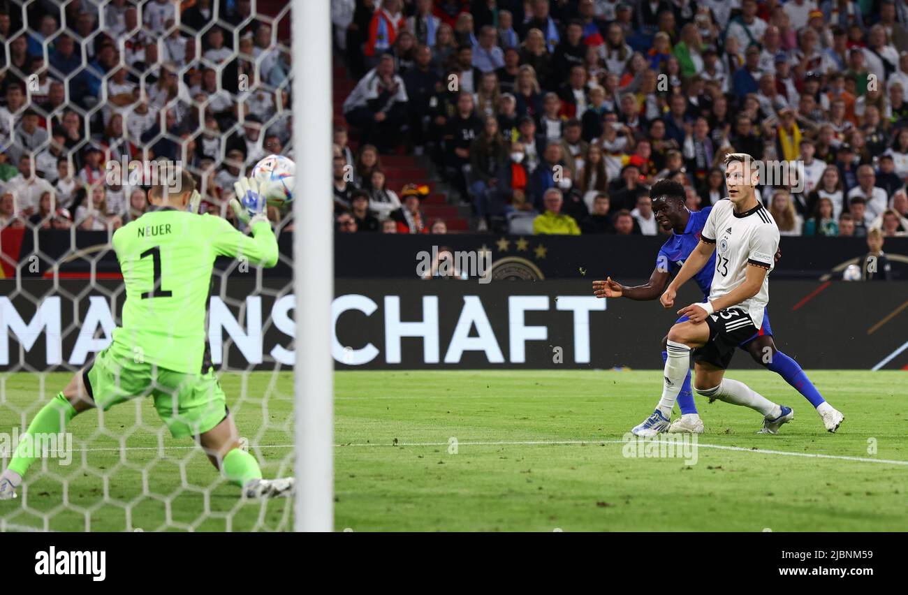 Munich, Germany, 7th June 2022. Bukayo Saka of England takes shot which ...