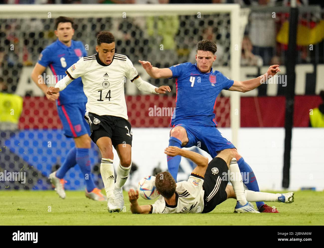 England's Declan Rice (right) battles with Germany's Jamal Musiala ...