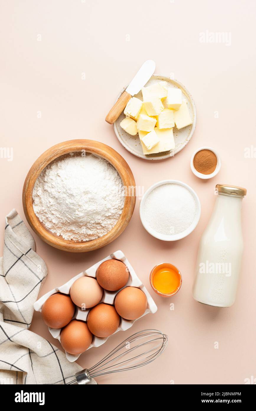 Baking ingredients for cakes bread cookies or pastry on beige ...
