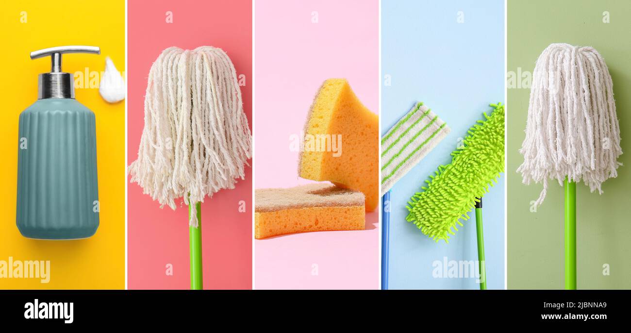 Collage with different cleaning supplies on colorful background Stock ...