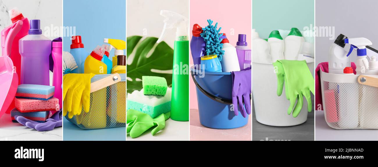 Collage with many different cleaning supplies Stock Photo - Alamy