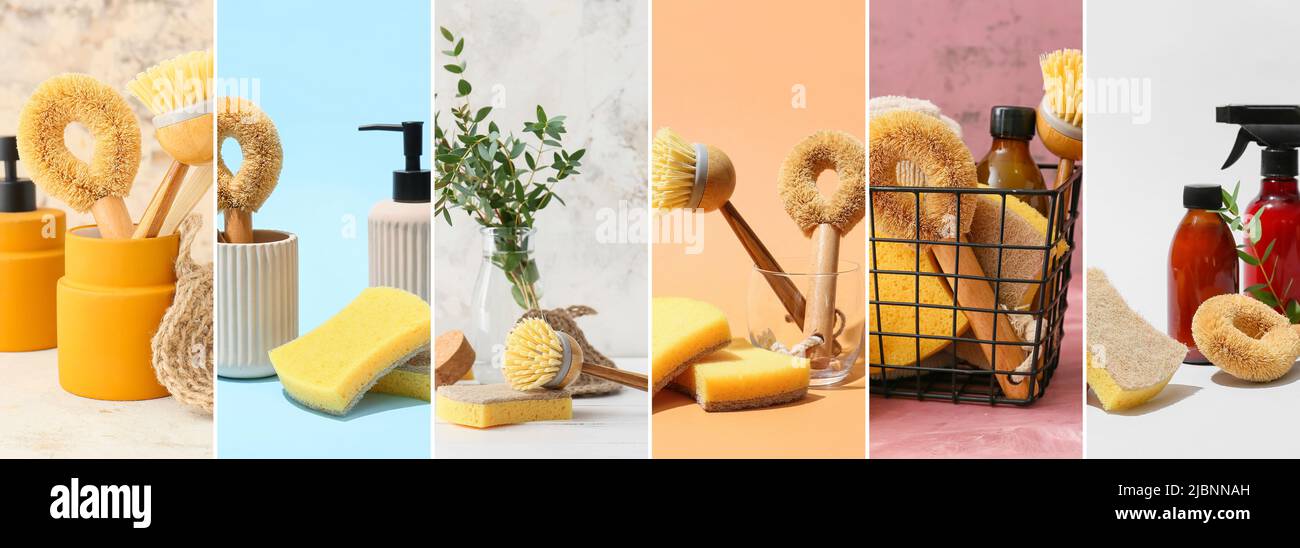Collage with sets of different cleaning supplies Stock Photo - Alamy